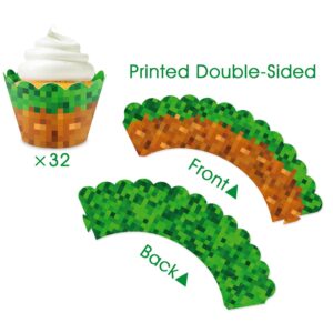 Pixel Miner Cupcake Toppers and Wrappers for Game Party Block Game Birthday Party Printable Cake Decoration and Liners Game Party Supplies 64pcs