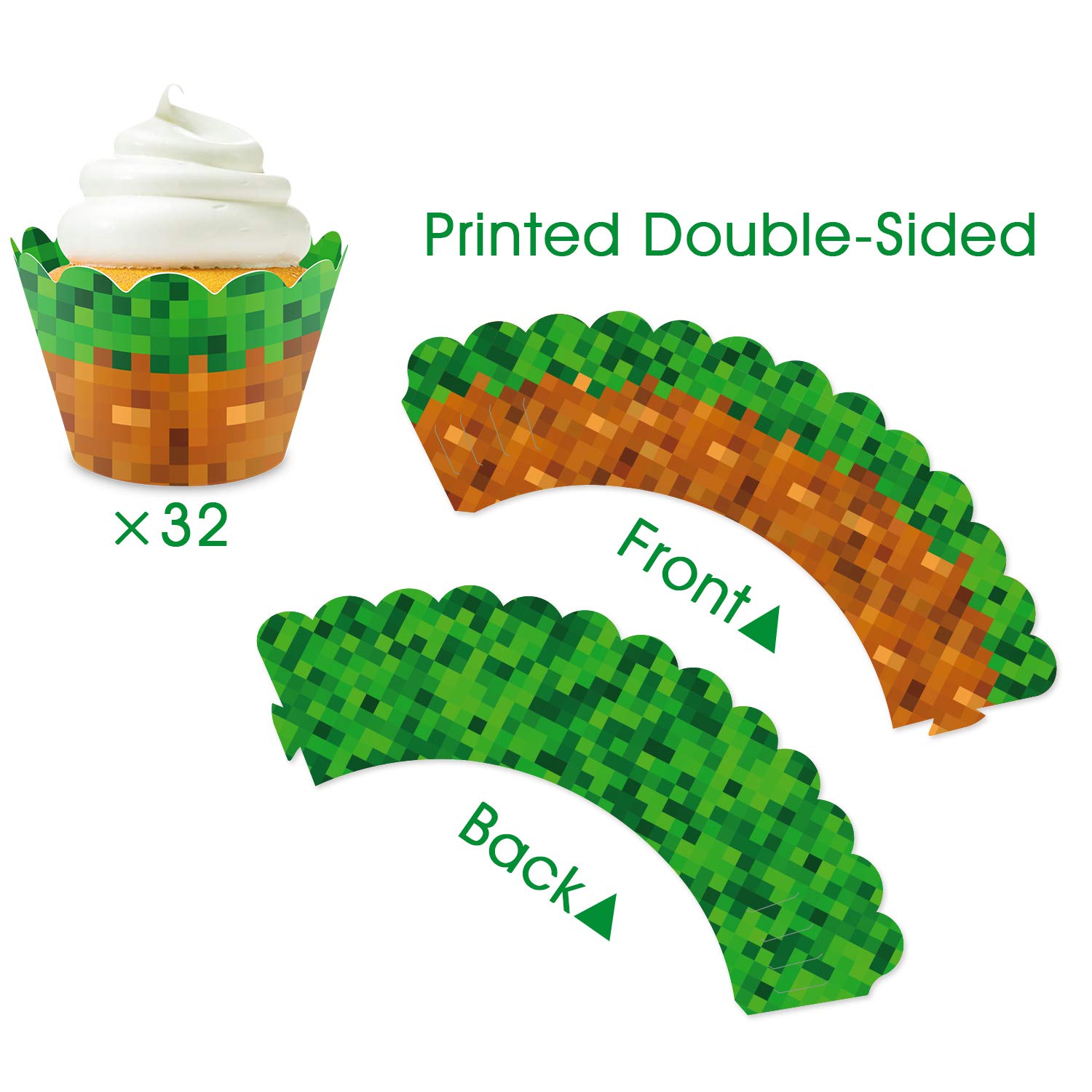 Pixel Miner Cupcake Toppers and Wrappers for Game Party Block Game Birthday Party Printable Cake Decoration and Liners Game Party Supplies 64pcs