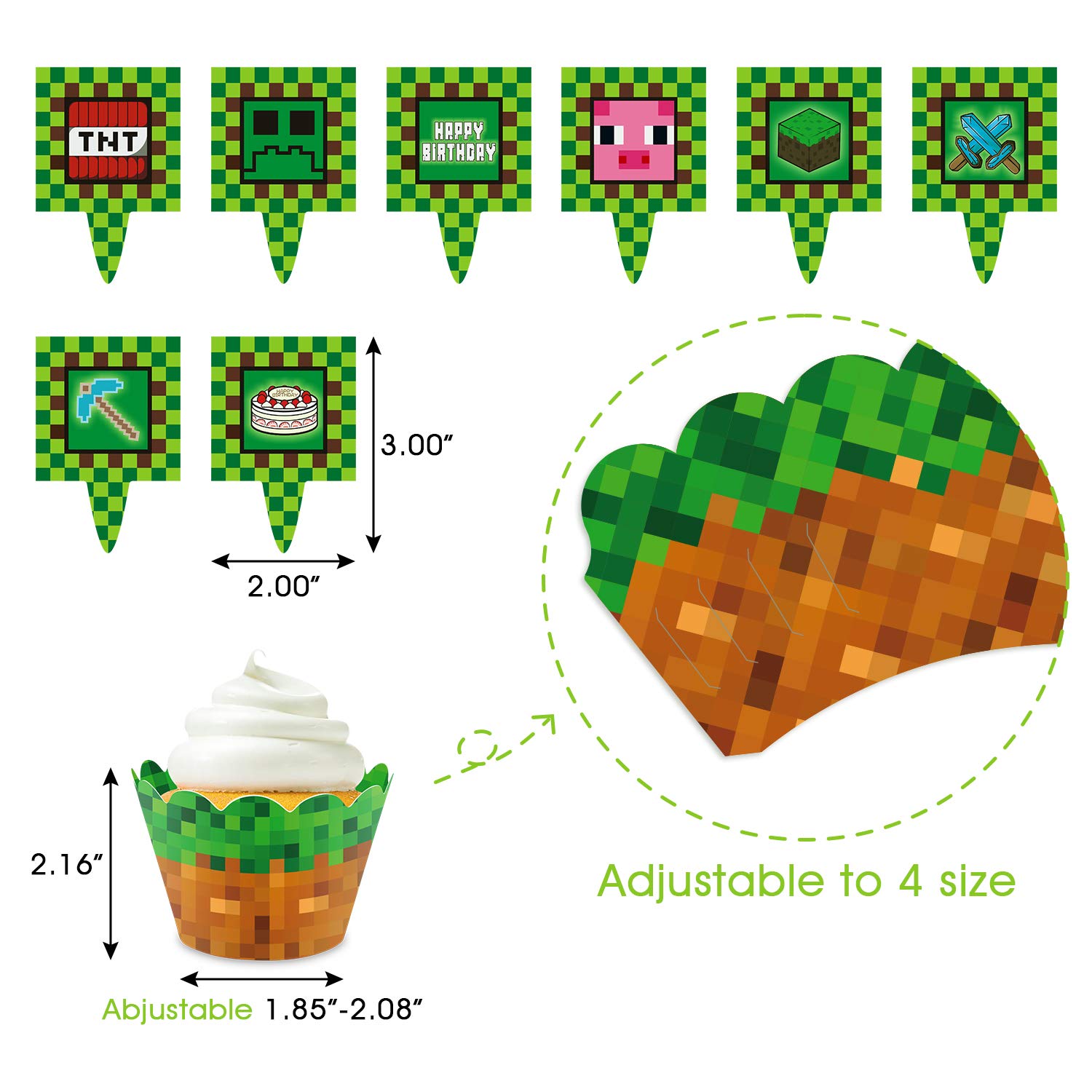 Pixel Miner Cupcake Toppers and Wrappers for Game Party Block Game Birthday Party Printable Cake Decoration and Liners Game Party Supplies 64pcs