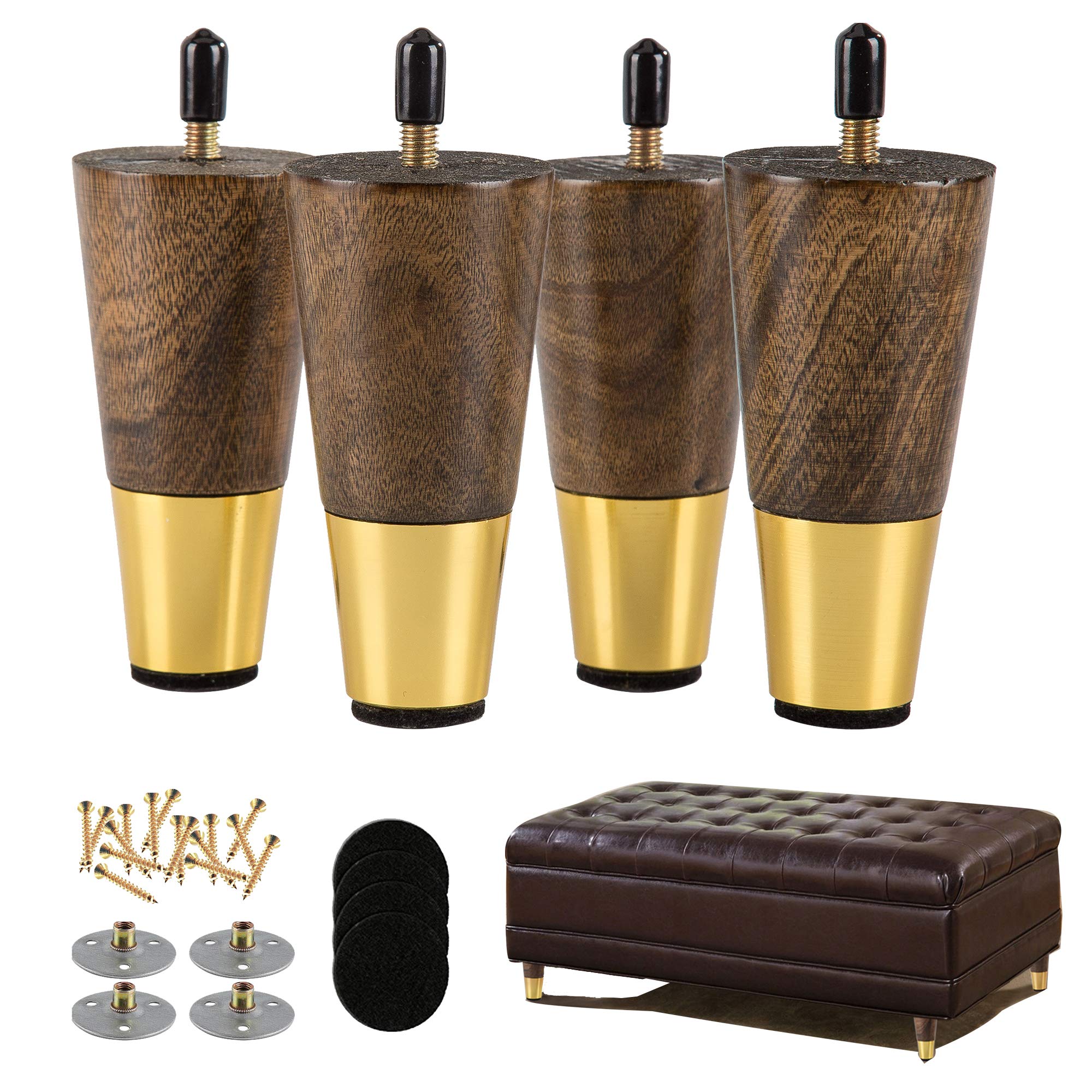 ALAMHI Wood Furniture Leg Sofa Legs 4 Inch Brown Round Tapered Mid-Century Modern Feet with Brass Base Replacement Legs for Cabinets,Coffee Table,Ottoman,TV Stand,Loveseat,Armchair Set of 4