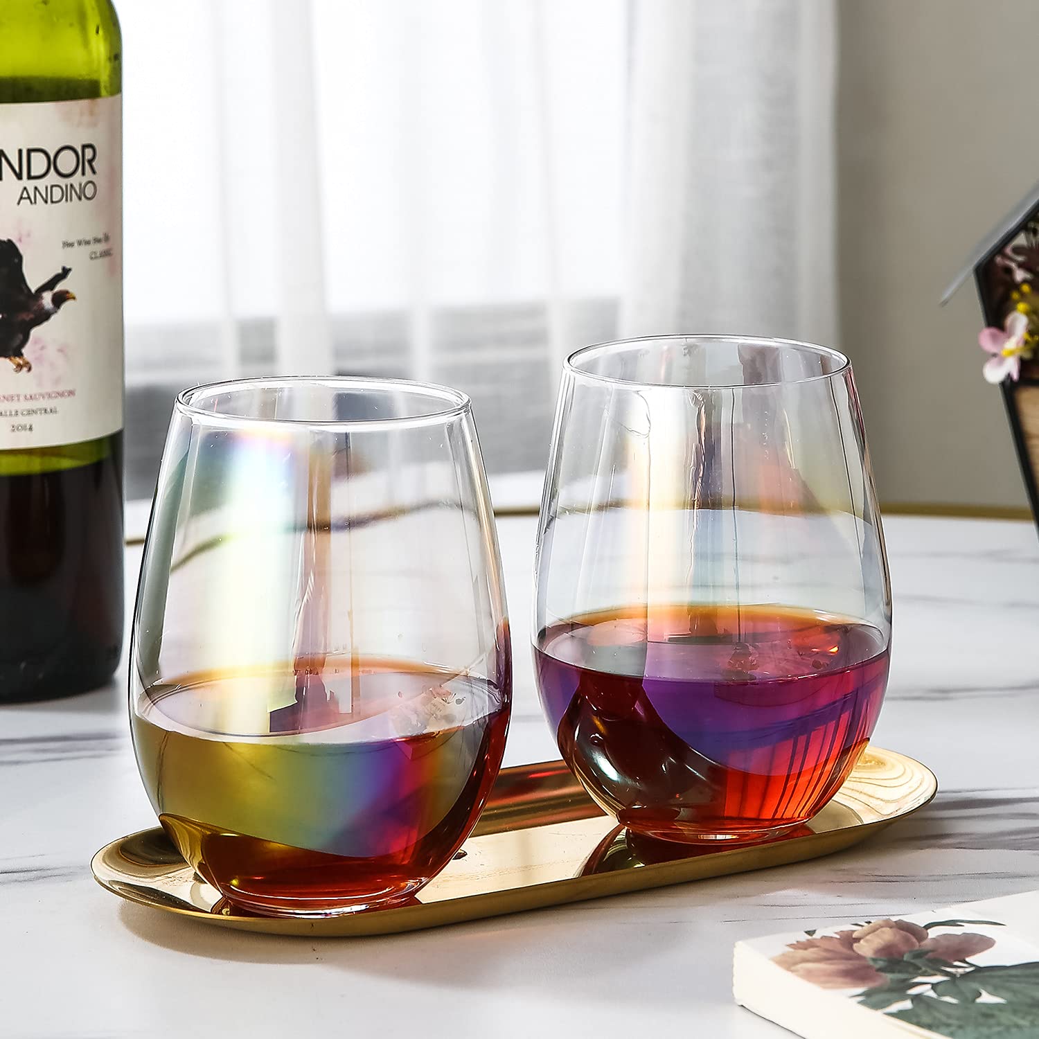 BEEADOYA Wine Glasses - Large Red Wine or White Wine Glass Set of 4 - Wine Gifts for Women, Birthday,Christmas - 17oz Stemless Wine Glass, Iridescent Glass Set of 4