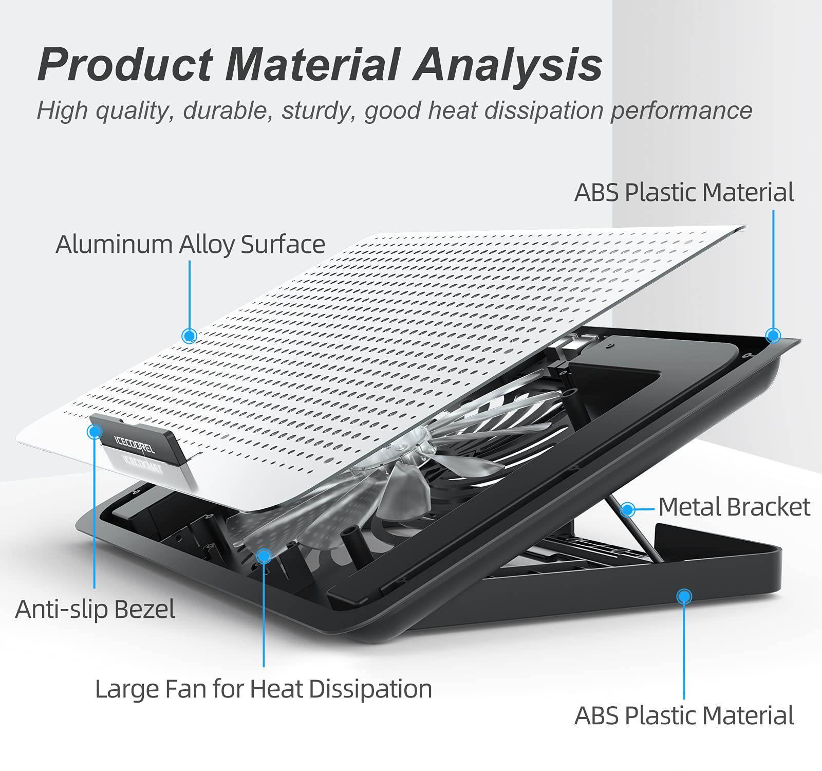 ICE COOREL Aluminum Laptop Cooling Pad 2023 Upgrade, Laptop Cooler Stand with 7 Height Adjustable, Laptop Fan Cooling Pad for Laptop 12-15.6 Inch, Notebook Cooler Pad with Two USB Port (Silver)