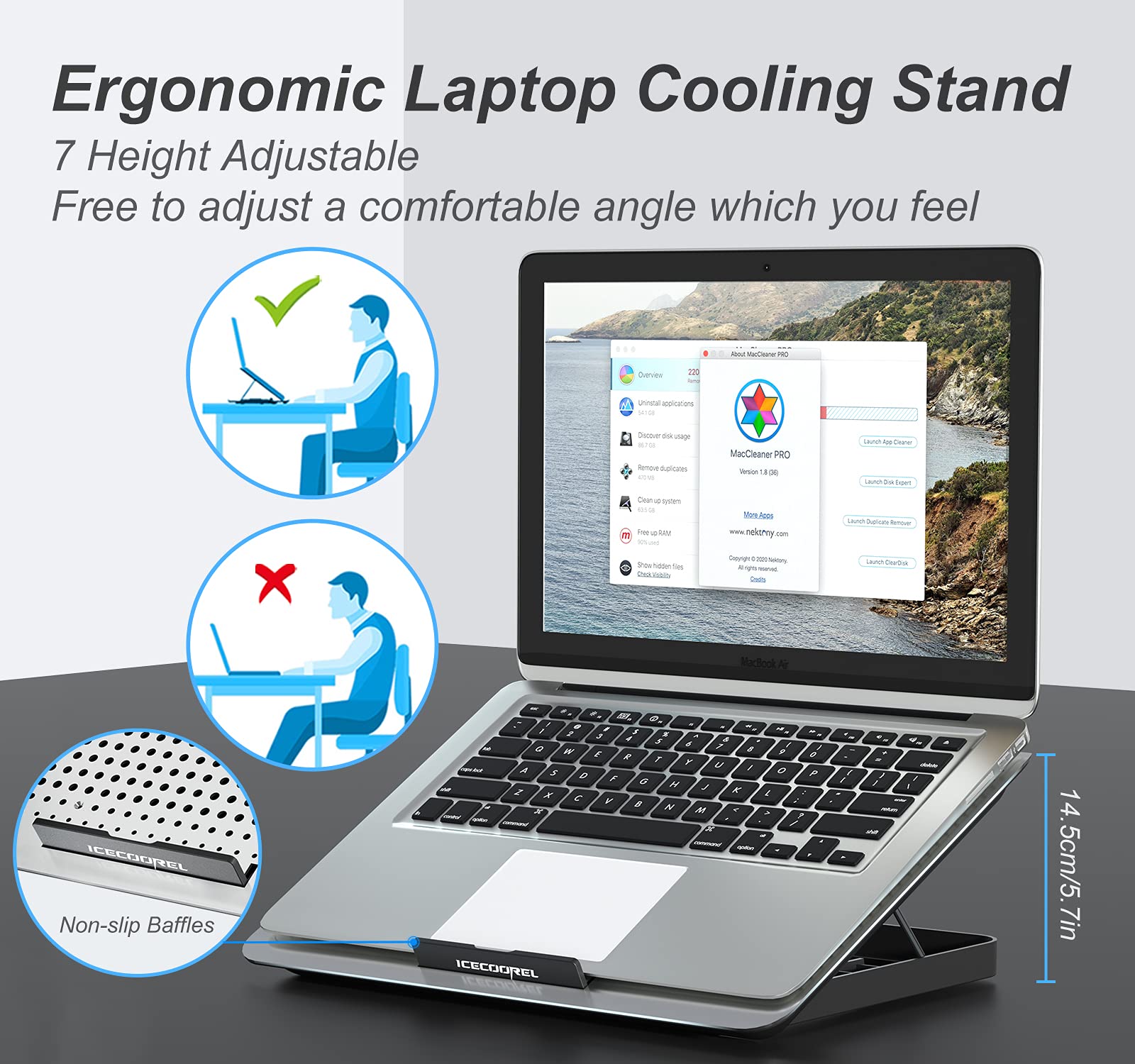 ICE COOREL Aluminum Laptop Cooling Pad 2023 Upgrade, Laptop Cooler Stand with 7 Height Adjustable, Laptop Fan Cooling Pad for Laptop 12-15.6 Inch, Notebook Cooler Pad with Two USB Port (Silver)