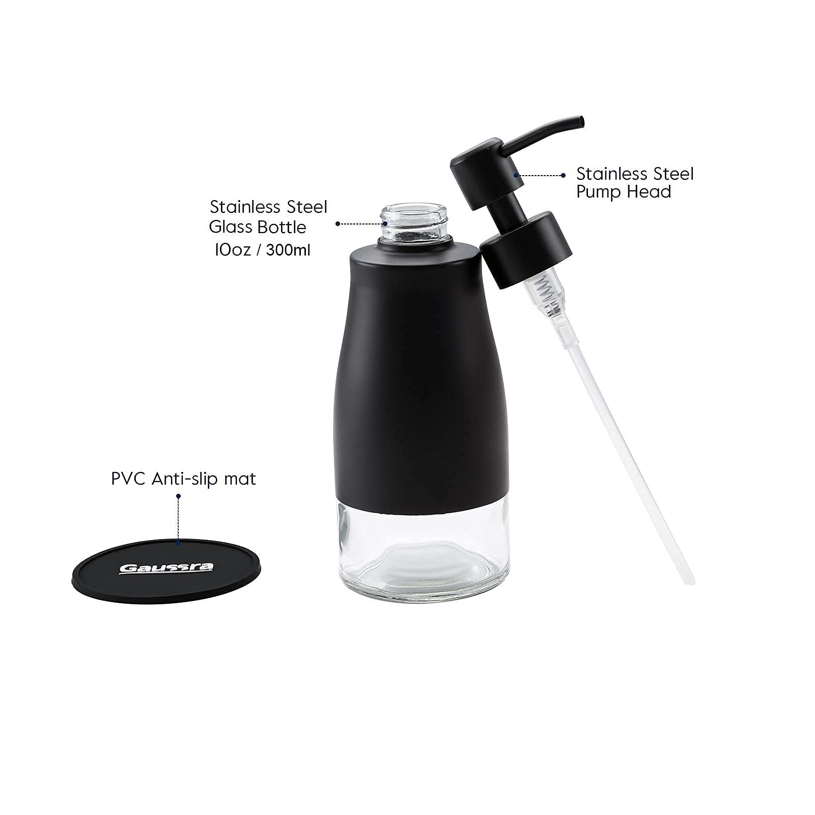 Gaussra Black Soap Dispenser with Coaster, Refillable Liquid Stainless Steel Soap Dispenser for Kitchen Sink, Bathroom Countertop (11OZ / 320ML)