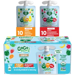 gogo squeez happy tummiez variety pack, organic apple mango pineapple banana & apple strawberry pomegrenate spinach, 3.2 oz (pack of 20), kids snacks with prebiotic fiber, gluten, nut & dairy free