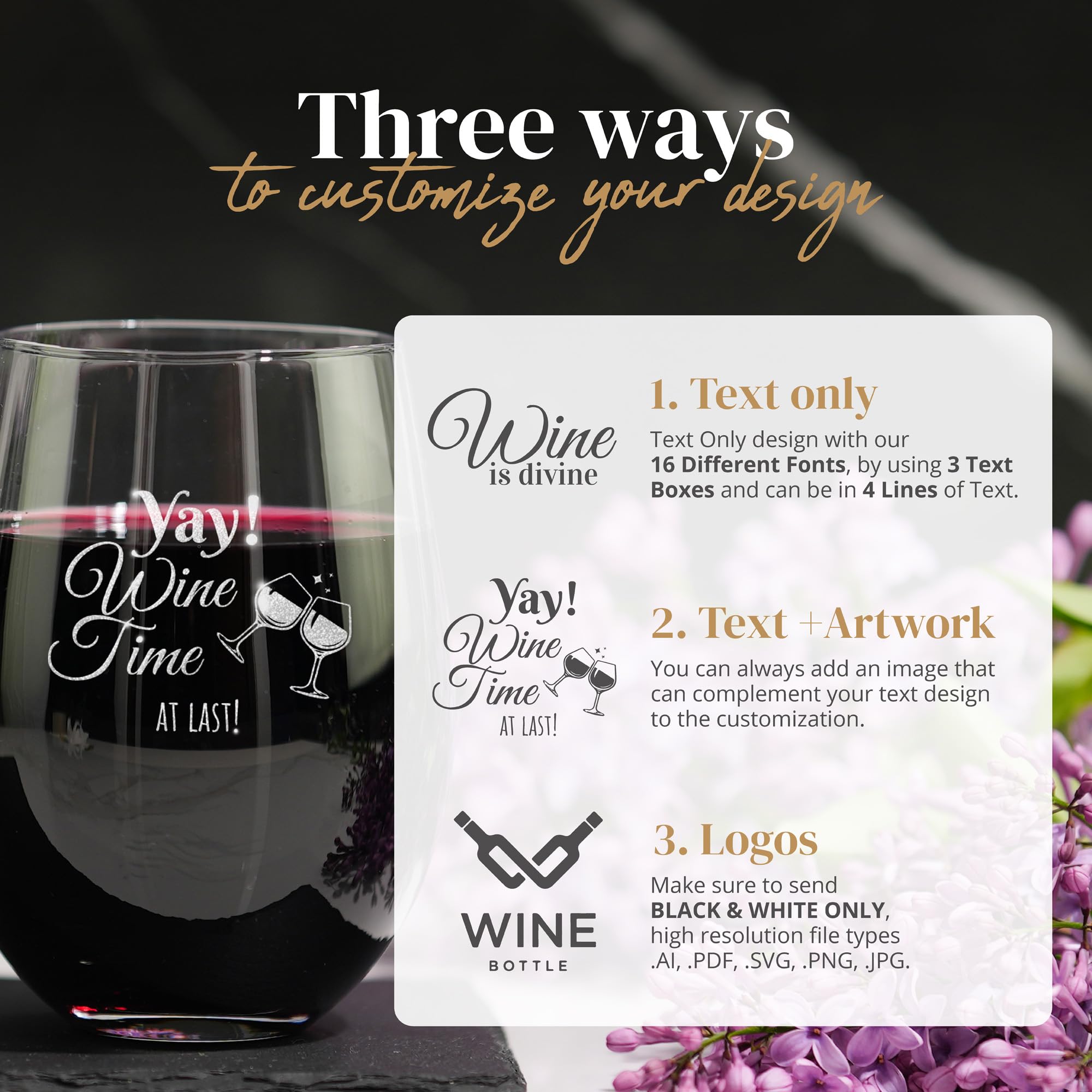 Custom 15oz Stemless Wine Glass with Your Custom Logo Design or Personalized Text - Permanent Laser Engraving - Wedding Favors, Corporate Gifts, Birthdays, Parties or Events