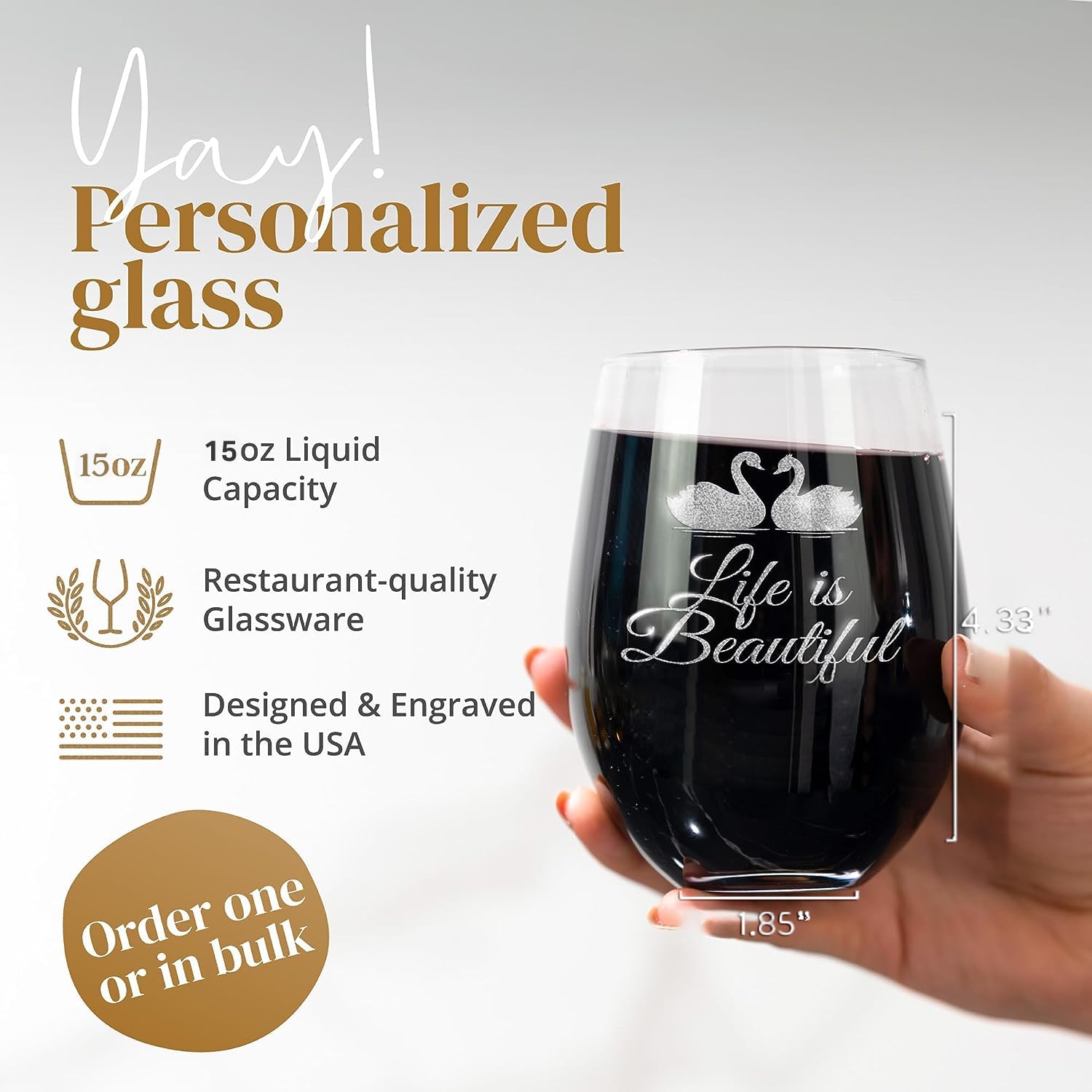 Custom 15oz Stemless Wine Glass with Your Custom Logo Design or Personalized Text - Permanent Laser Engraving - Wedding Favors, Corporate Gifts, Birthdays, Parties or Events