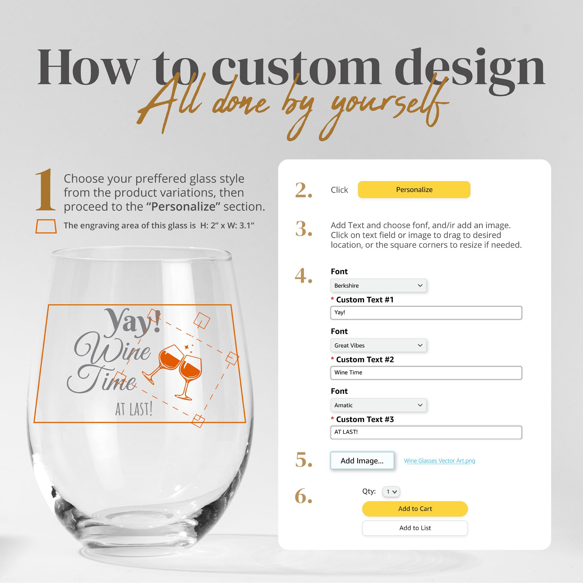 Custom 15oz Stemless Wine Glass with Your Custom Logo Design or Personalized Text - Permanent Laser Engraving - Wedding Favors, Corporate Gifts, Birthdays, Parties or Events