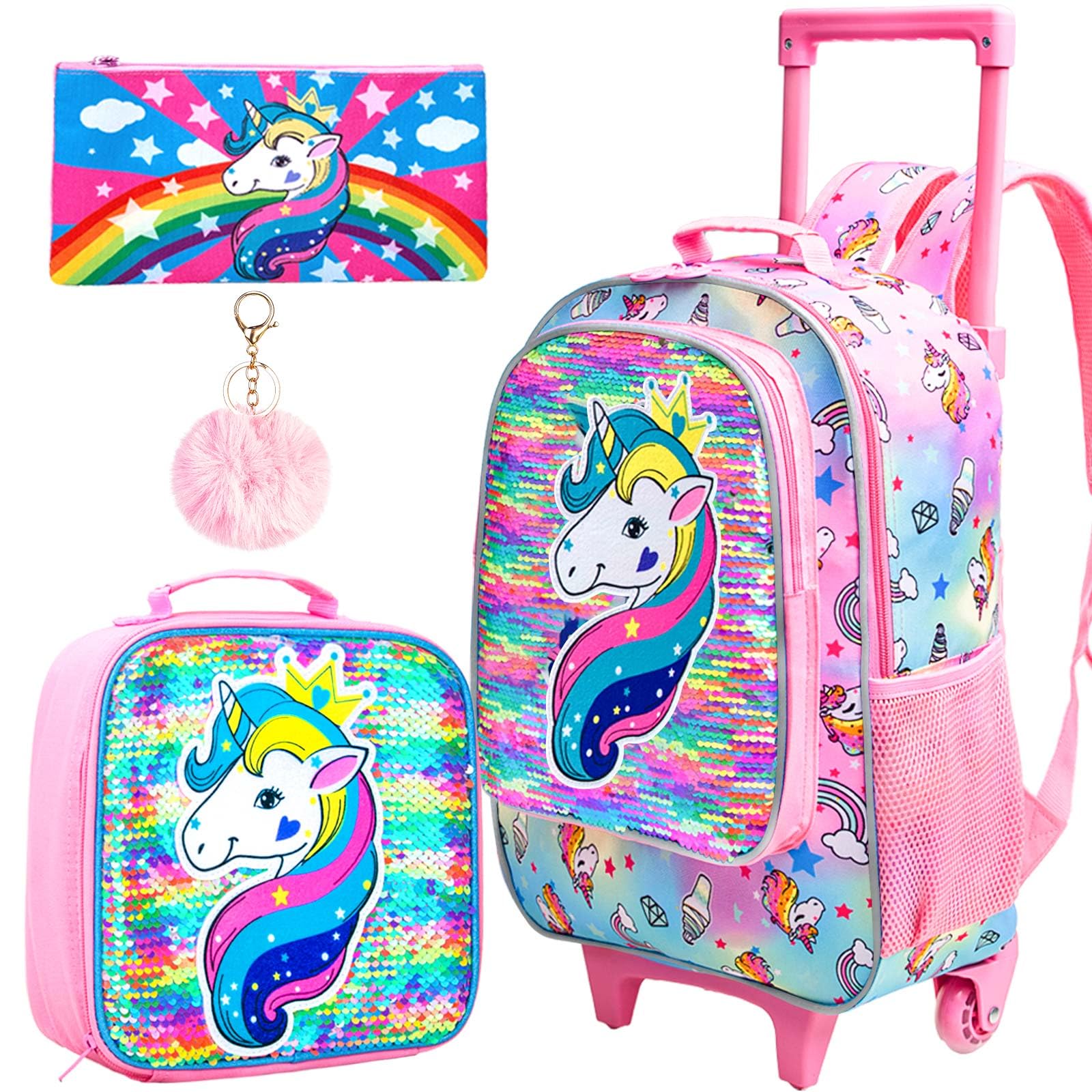 gxtvo Rolling Backpack for Girls, Roller Wheels Kids Bookbag - Wheeled Suitcase Elementary Sequin School Bag - 3PCS Unicorn