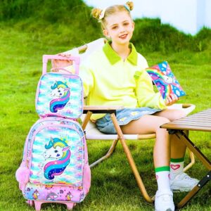 gxtvo Rolling Backpack for Girls, Roller Wheels Kids Bookbag - Wheeled Suitcase Elementary Sequin School Bag - 3PCS Unicorn