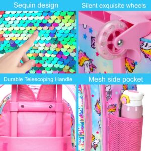 gxtvo Rolling Backpack for Girls, Roller Wheels Kids Bookbag - Wheeled Suitcase Elementary Sequin School Bag - 3PCS Unicorn