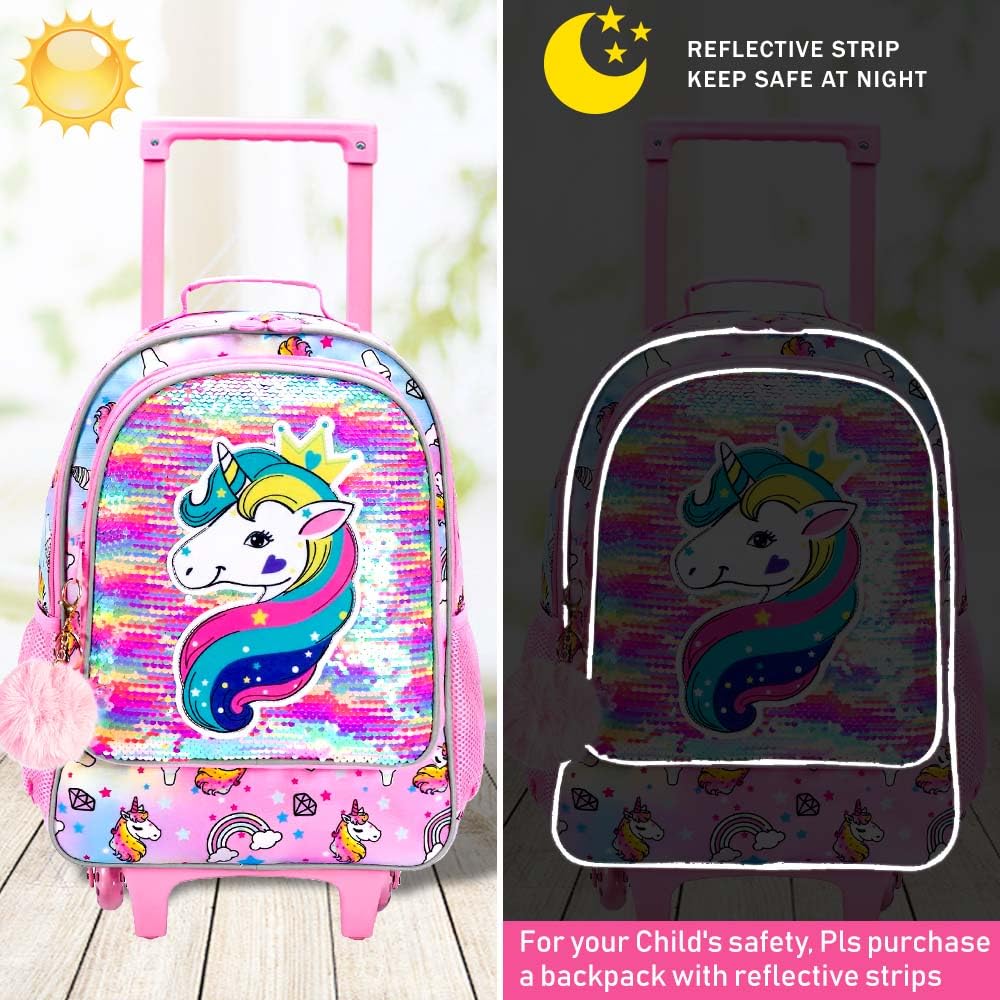 gxtvo Rolling Backpack for Girls, Roller Wheels Kids Bookbag - Wheeled Suitcase Elementary Sequin School Bag - 3PCS Unicorn