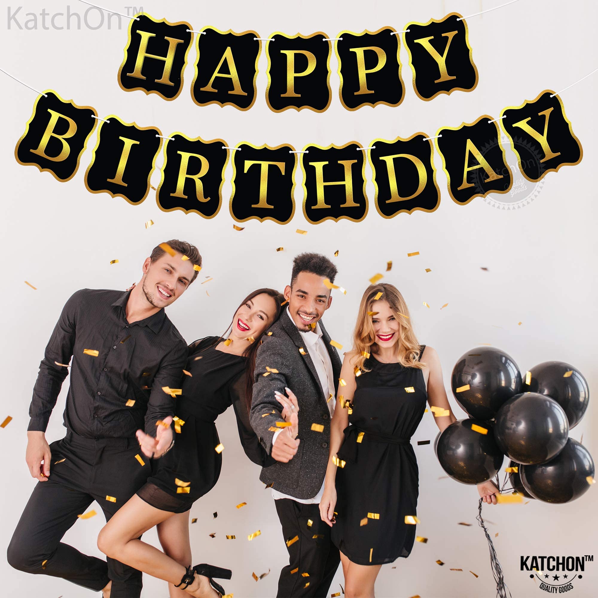 KatchOn, Large Happy Birthday Banner Black and Gold - 10 Feet, No DIY | Happy Birthday Sign | Black And Gold Happy Birthday Banner | Happy Birthday Banners for Men | Happy Birthday Backdrop for Men