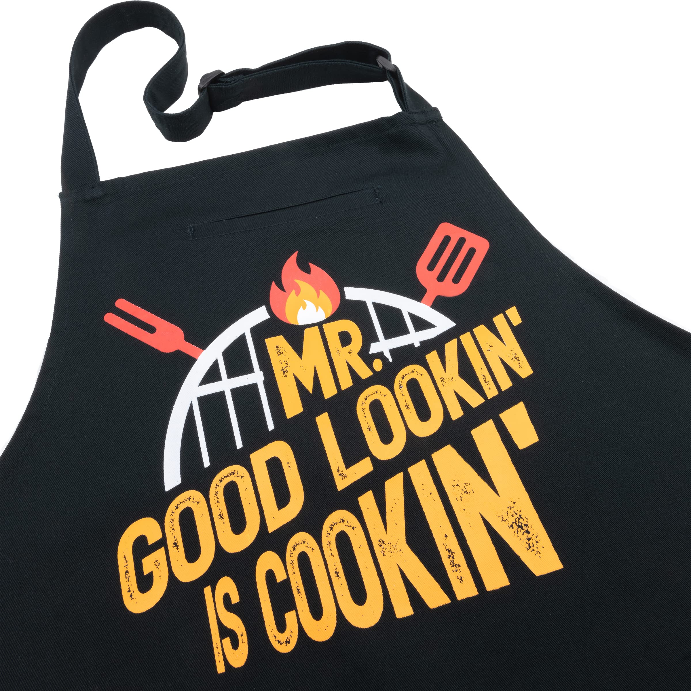 FixGrub Mr Good Lookin is Cookin BBQ Apron, Cooking Apron, Dad Apron, Funny Black Kitchen Apron with 3 Pockets,100% Cotton Durable