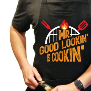 FixGrub Mr Good Lookin is Cookin BBQ Apron, Cooking Apron, Dad Apron, Funny Black Kitchen Apron with 3 Pockets,100% Cotton Durable