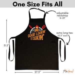 FixGrub Mr Good Lookin is Cookin BBQ Apron, Cooking Apron, Dad Apron, Funny Black Kitchen Apron with 3 Pockets,100% Cotton Durable