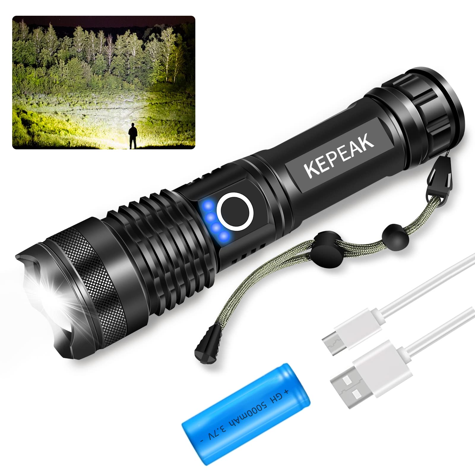 KEPEAK Rechargeable Flashlights High lumens, Super Bright LED Flashlight, Tactical Flashlights 5000 Lumens, Zoomable, 5 Modes, Waterproof, Handheld Flash Light for Camping, Hiking, Emergency