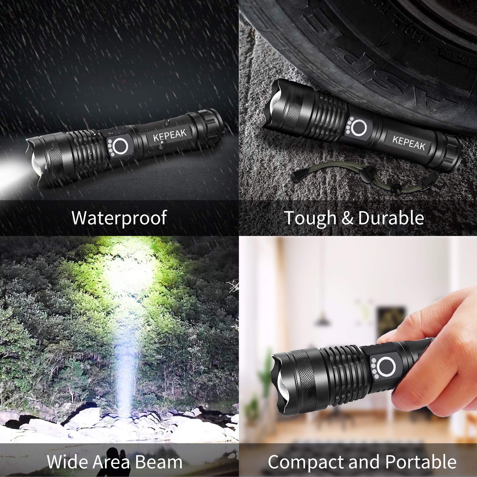 KEPEAK Rechargeable Flashlights High lumens, Super Bright LED Flashlight, Tactical Flashlights 5000 Lumens, Zoomable, 5 Modes, Waterproof, Handheld Flash Light for Camping, Hiking, Emergency