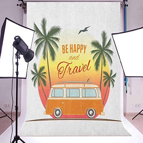 3x5 FT Vinyl Photography Background Backdrops,Retro Surf Van with Palms Camping Relax Hippie Travel Be Happy Free 60s Theme Background for Graduation Prom Dance Decor Photo Booth Studio Prop Banner