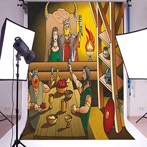 5x7 FT Cartoon Vinyl Photography Backdrop,King and Queen Feasting with Brave Warriors Ancient Scandinavia Medieval Historical Background for Baby Birthday Party Wedding Graduation Home Decoration