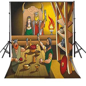 5x7 FT Cartoon Vinyl Photography Backdrop,King and Queen Feasting with Brave Warriors Ancient Scandinavia Medieval Historical Background for Baby Birthday Party Wedding Graduation Home Decoration