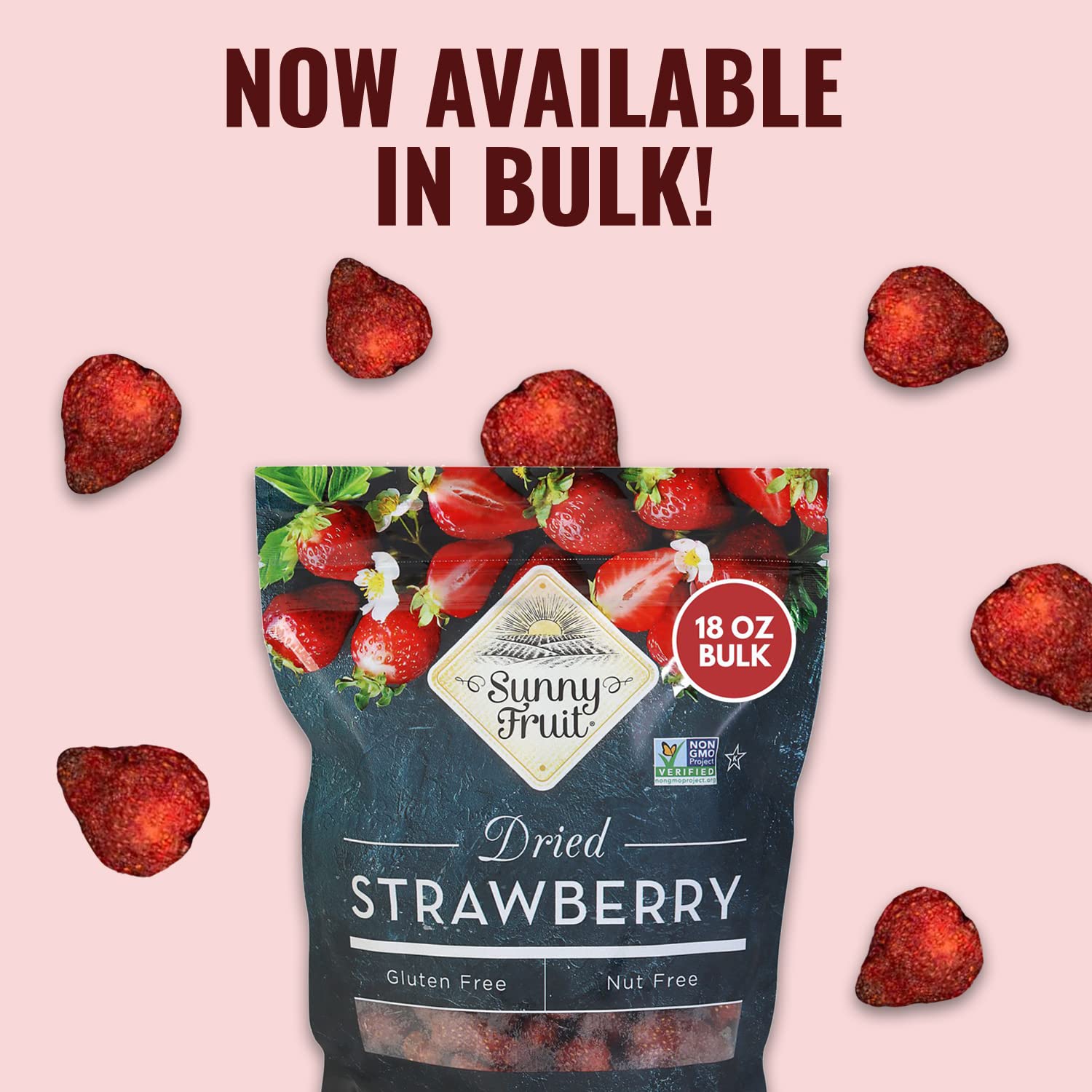 Dried Strawberries - Sunny Fruit - 18oz Bulk Bag | Quick, Healthy Sweet Snack | NON-GMO, GLUTEN-FREE, NUT FREE