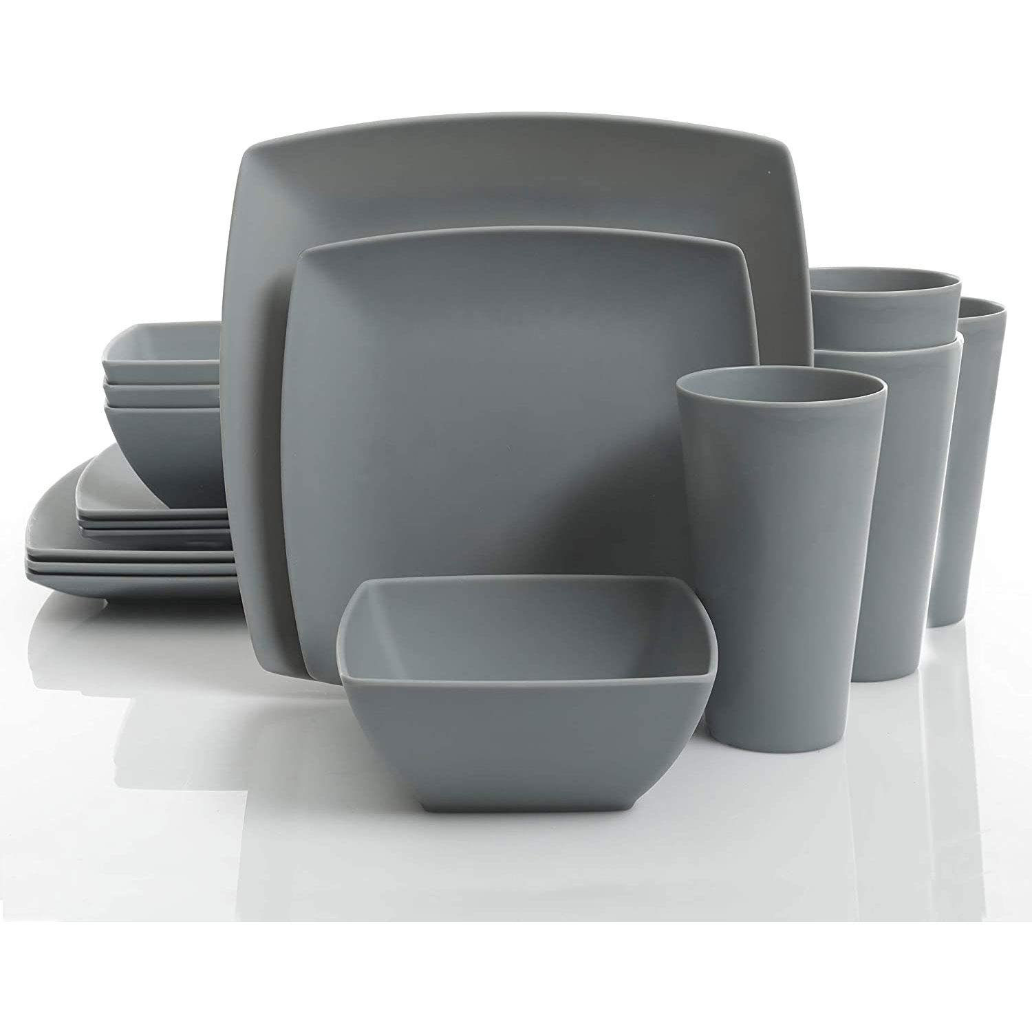 Gibson Home Soho Grayson Square Melamine Everyday 16 Piece Reactive Glaze Dinnerware Set Plates, Bowls, and Cups, Dishwasher Safe, Grey (2 Pack)