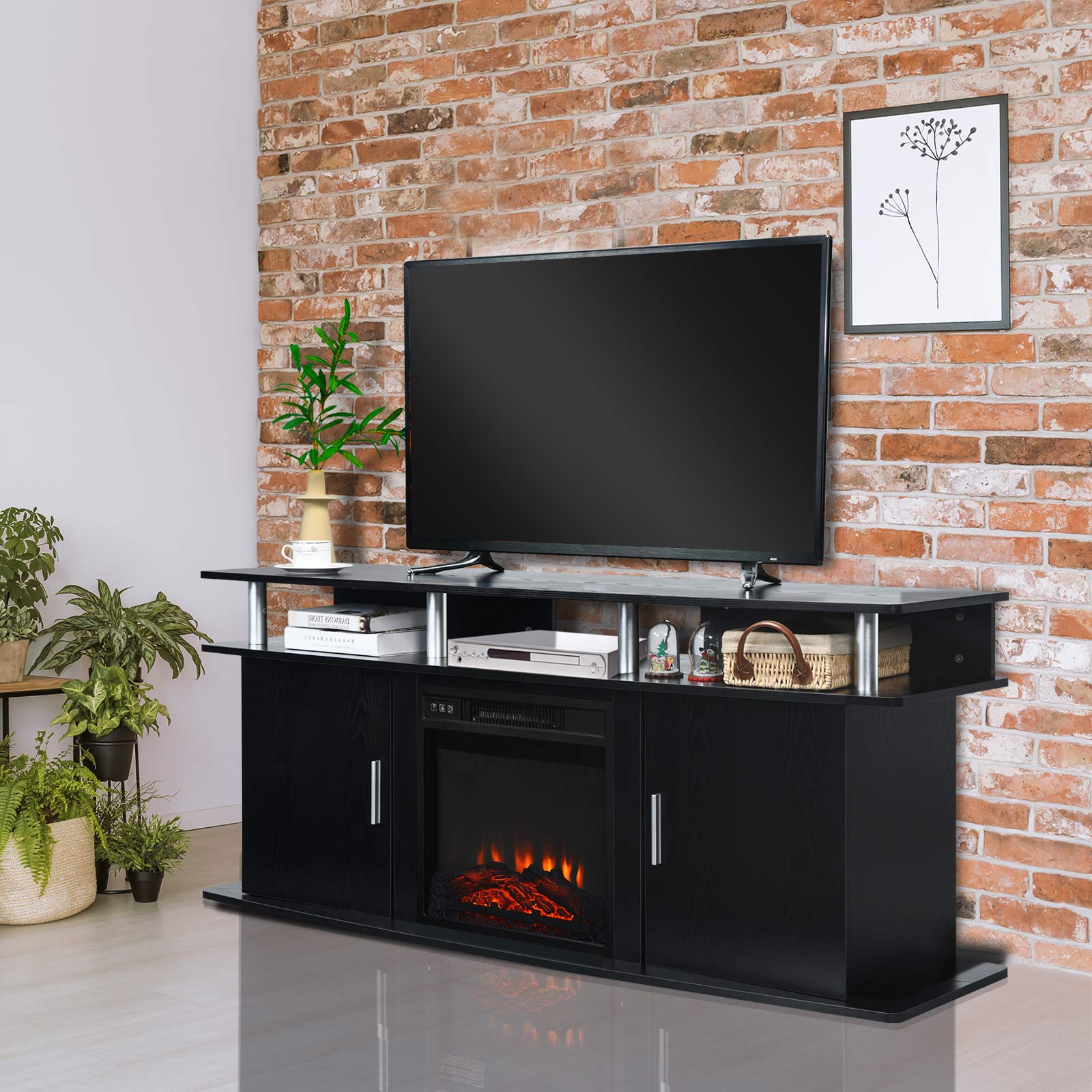 Tangkula Fireplace TV Stand, Modern Media Console Table for TVs up to 70 Inches, Entertainment Center w/ 1400W Fireplace for Living Room, Electric Fireplace Cabinet w/Remote & Adjustable Brightness