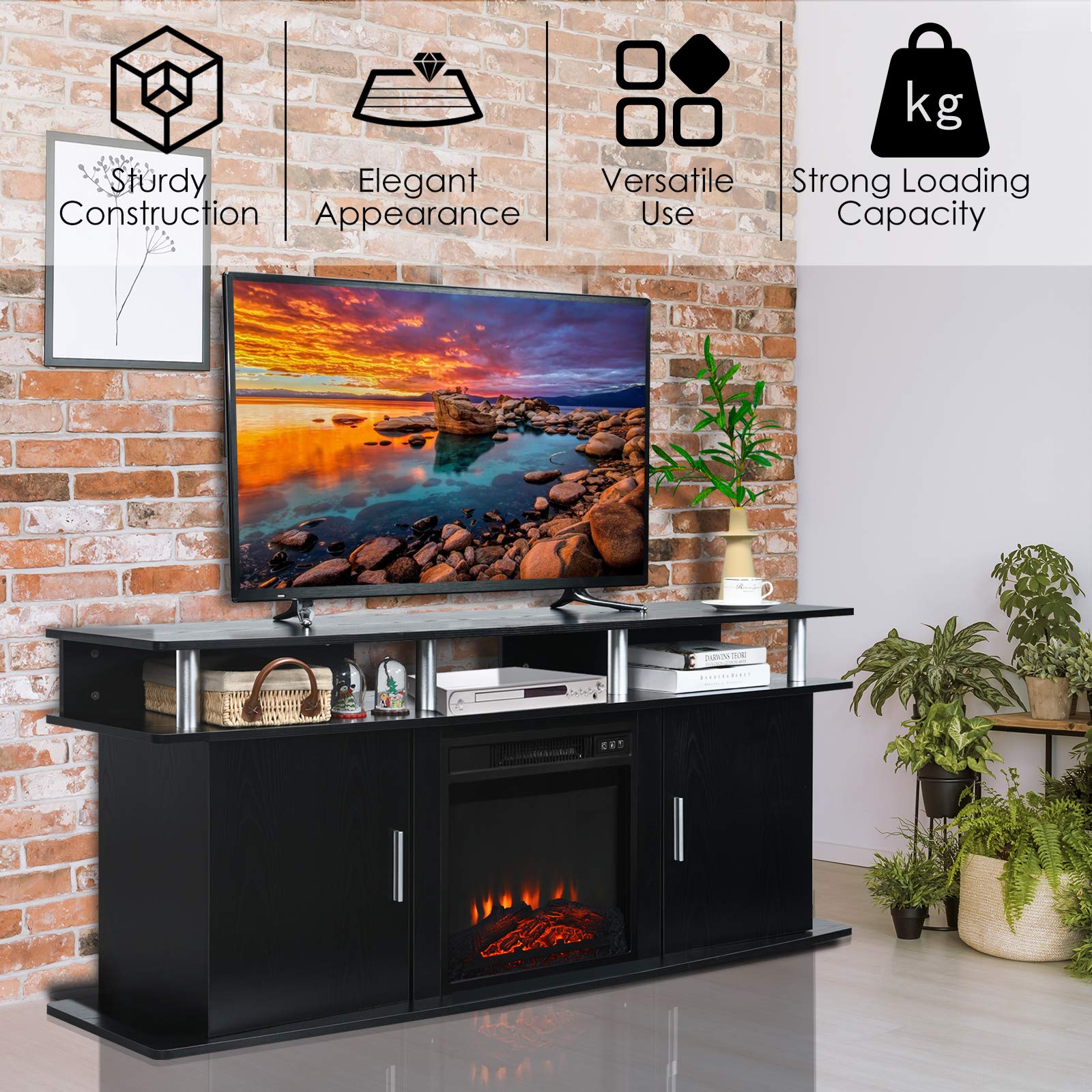 Tangkula Fireplace TV Stand, Modern Media Console Table for TVs up to 70 Inches, Entertainment Center w/ 1400W Fireplace for Living Room, Electric Fireplace Cabinet w/Remote & Adjustable Brightness