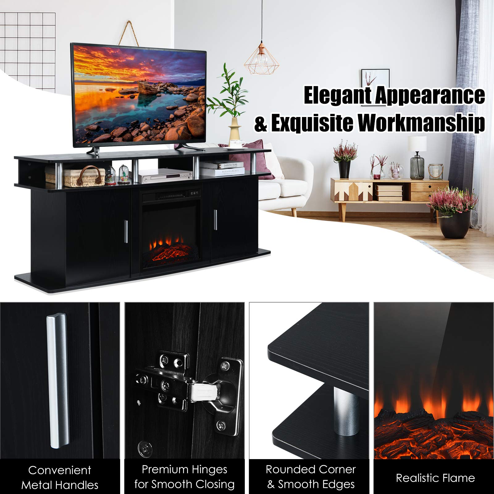 Tangkula Fireplace TV Stand, Modern Media Console Table for TVs up to 70 Inches, Entertainment Center w/ 1400W Fireplace for Living Room, Electric Fireplace Cabinet w/Remote & Adjustable Brightness