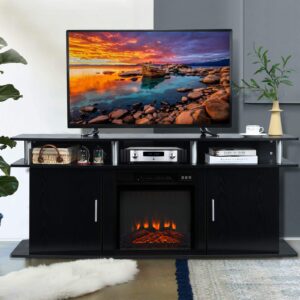 Tangkula Fireplace TV Stand, Modern Media Console Table for TVs up to 70 Inches, Entertainment Center w/ 1400W Fireplace for Living Room, Electric Fireplace Cabinet w/Remote & Adjustable Brightness