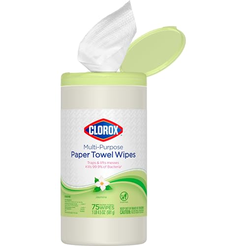 Clorox Multi-Purpose Paper Towel Wipes, Trap and Lift Messes Like a Paper Towel and Kills 99.9% of Bacteria*, Sanitizing Wipes, Jasmine Scent - 75 Wipes