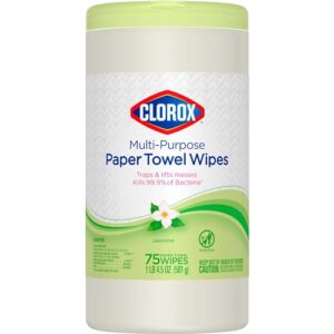 Clorox Multi-Purpose Paper Towel Wipes, Trap and Lift Messes Like a Paper Towel and Kills 99.9% of Bacteria*, Sanitizing Wipes, Jasmine Scent - 75 Wipes