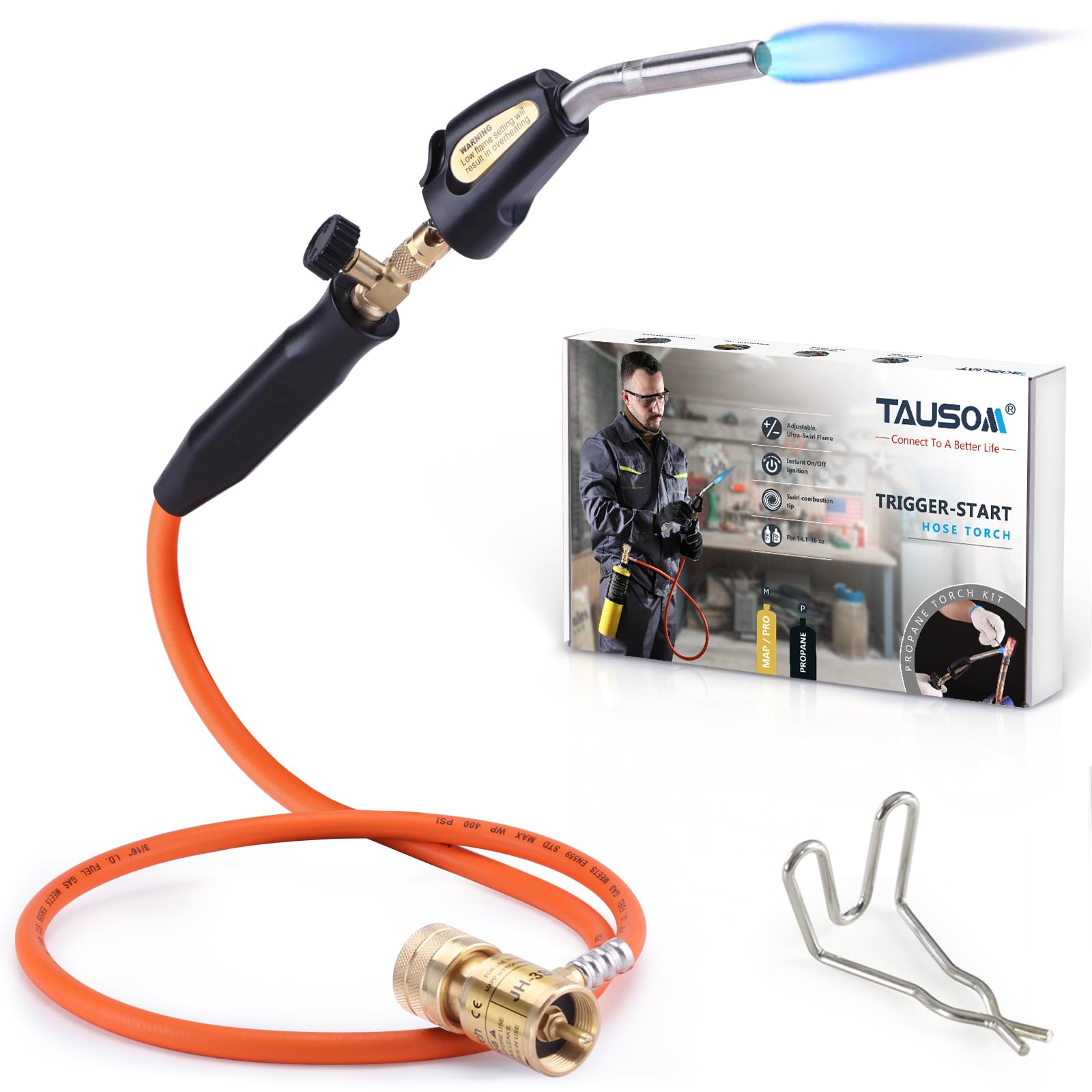 TAUSOM Propane Torch Hose Kit Mapp Gas Torch Heat 2860 ℉ Map Gas Torch Kit Trigger Start & Flame Adjustment, Soldering Welding Torch Fuel by MAPP, Map/Pro,Propane(Includes Cylinder Clip)