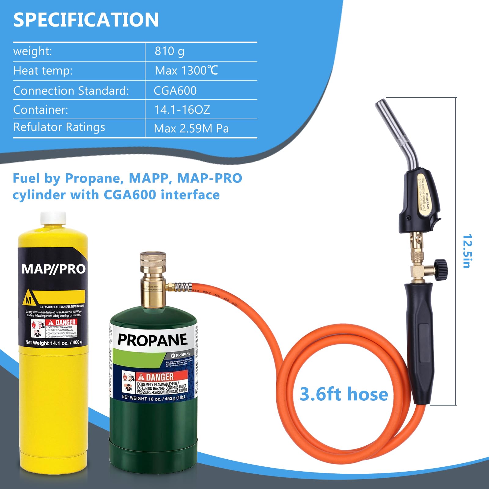 TAUSOM Propane Torch Hose Kit Mapp Gas Torch Heat 2860 ℉ Map Gas Torch Kit Trigger Start & Flame Adjustment, Soldering Welding Torch Fuel by MAPP, Map/Pro,Propane(Includes Cylinder Clip)