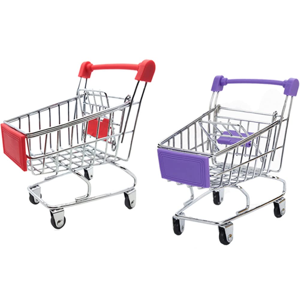 Mini Supermarket Handcart, 2 Pcs Mini Shopping Cart Supermarket Handcart Shopping Utility Cart Mode Desk Storage Toy Holder(Red&Purple)