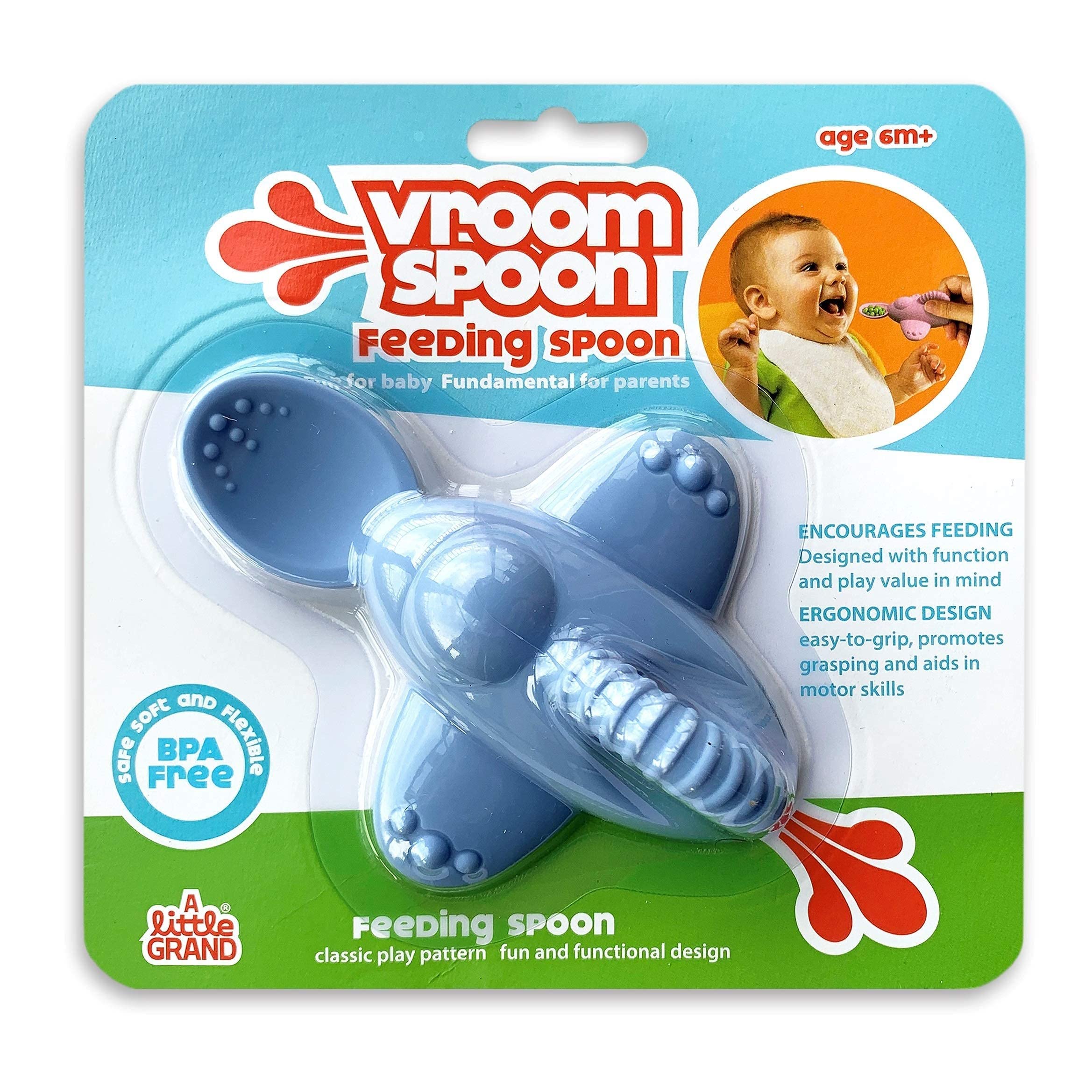 Vroom Spoon - 100% Silicone Soft Training Spoon for Spoon Feeding, Self-Feeding and Baby Led Weaning, Ergonomic Grip with Finger Slot for Easy Fun Feeding (Blue) (1 Spoon, Blue)