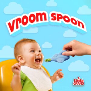 Vroom Spoon - 100% Silicone Soft Training Spoon for Spoon Feeding, Self-Feeding and Baby Led Weaning, Ergonomic Grip with Finger Slot for Easy Fun Feeding (Blue) (1 Spoon, Blue)