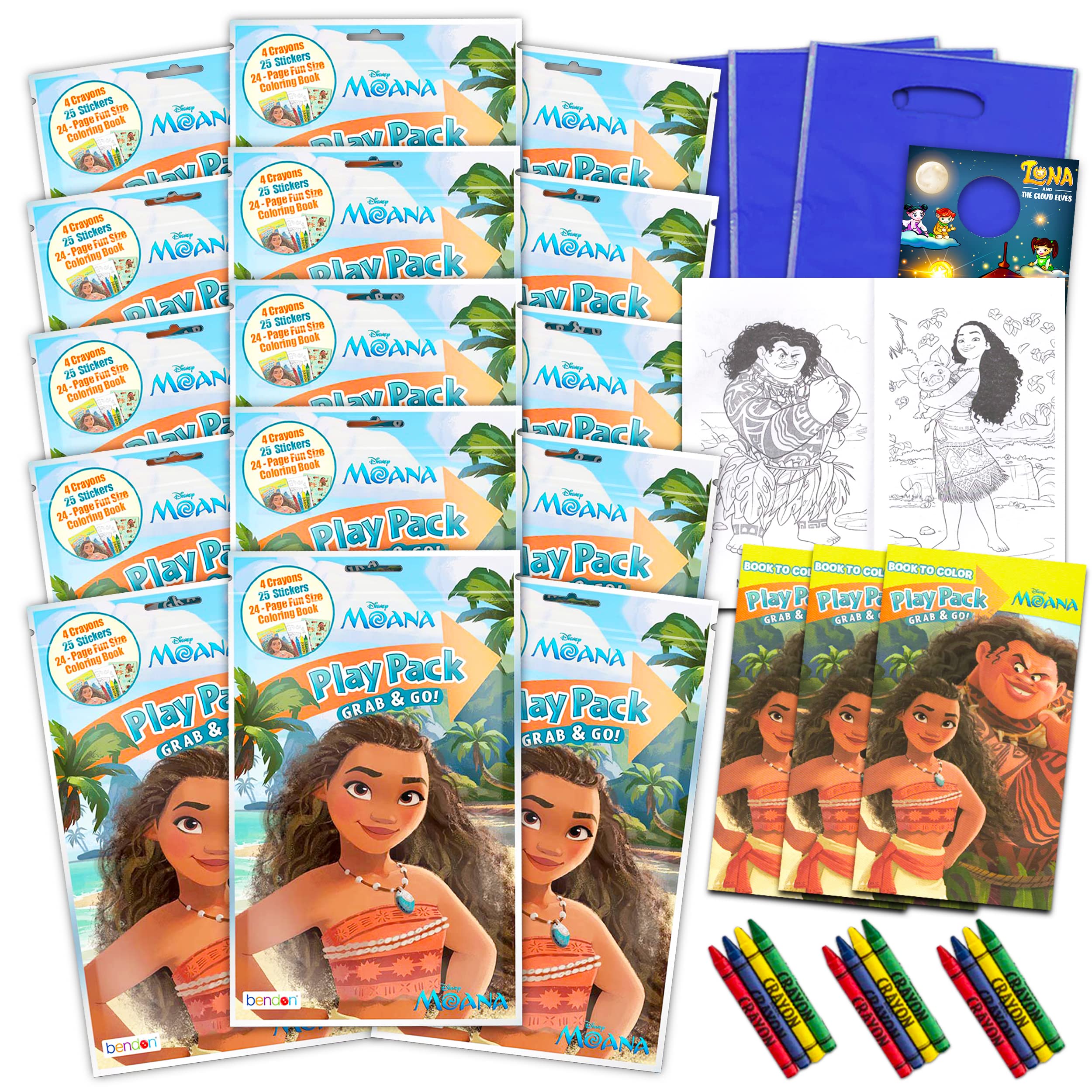 Bendon Publishing Set of 15 Kids Play Packs Bundle ~ Fun Party Favors Coloring Book Crayons, Stickers, Door Hanger, Loot Bags (Moana)