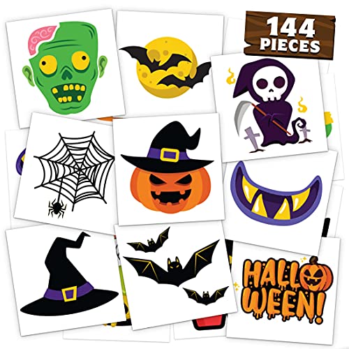 Halloween Temporary Tattoos For Kids Halloween Party Favors - 144 Pieces in 48 Unique Designs - Bulk Prizes Assorted Goodies Tattoos Goody Bag Stuffers