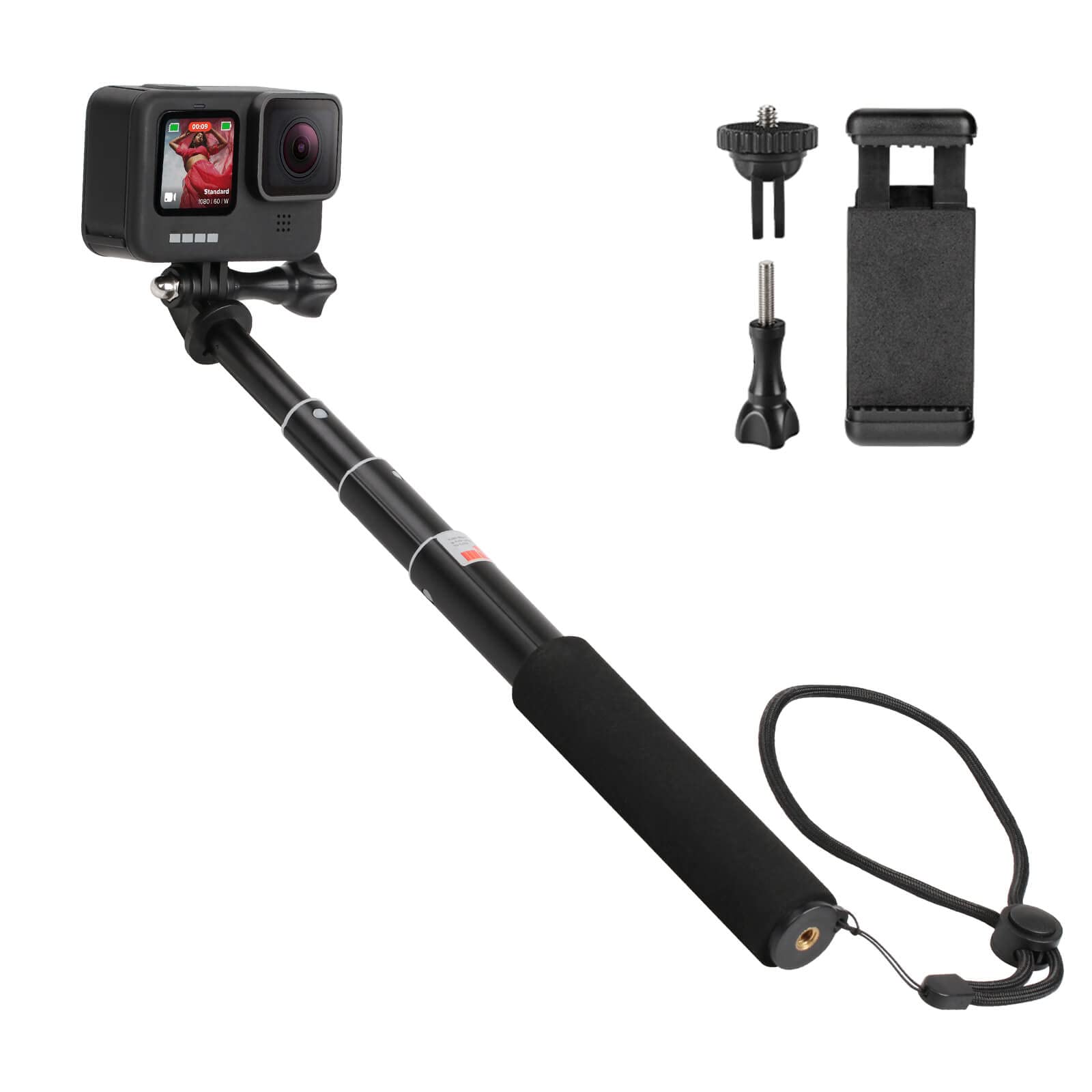 HSU Extendable Selfie Stick， Waterproof Hand Grip for GoPro Hero 12/11/10/9/8/7/6/5/4, Handheld Monopod Compatible with Cell Phones, AKASO Campark Insta360 X3 and Other Action Cameras