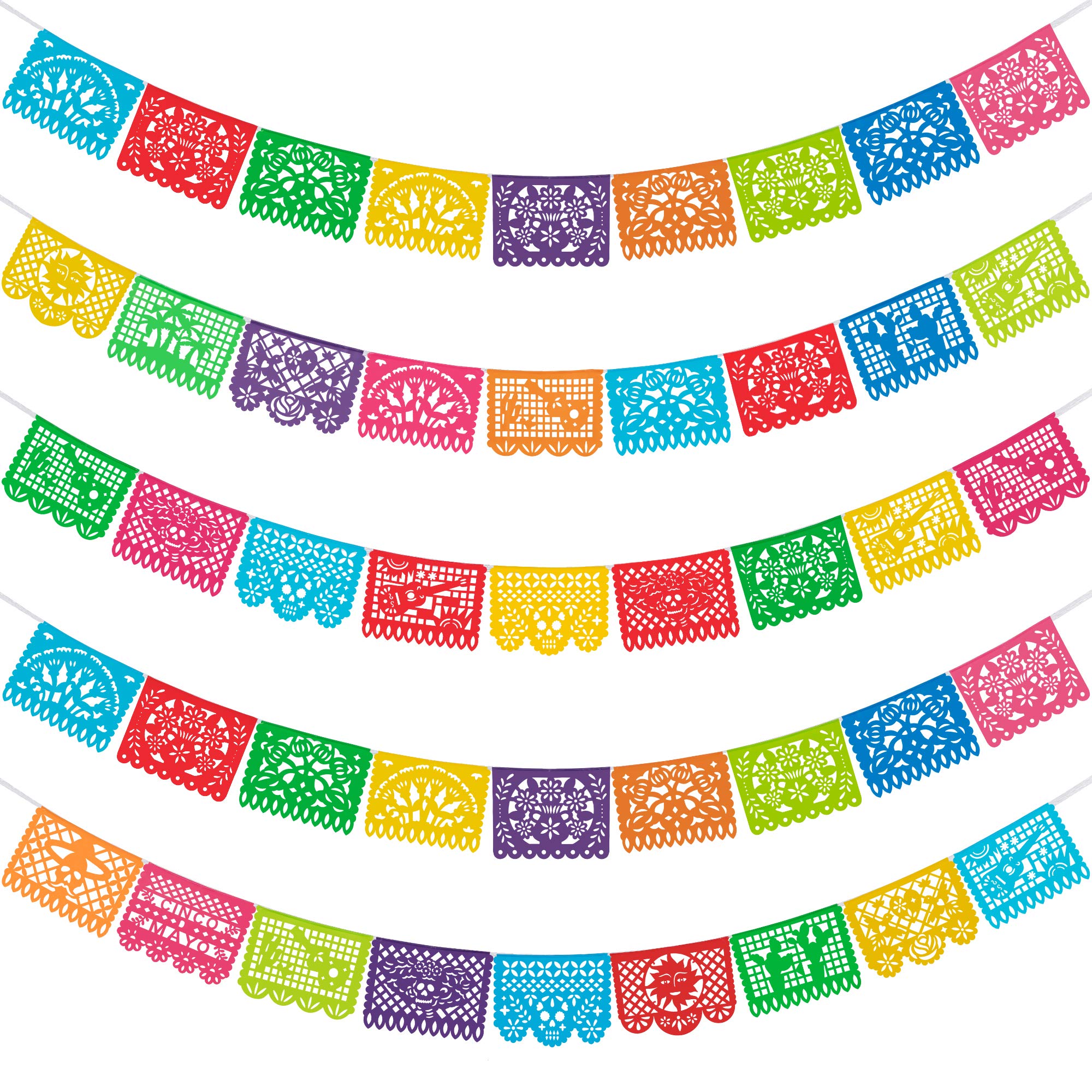 HOOJO 5 Packs 82 Ft Mexican Party Banners, Papel Picado Banner, Cinco de Mayo, Fiesta Party Decorations, Dia De Los Muertos Decor, Day of The Dead Decorations,Halloween