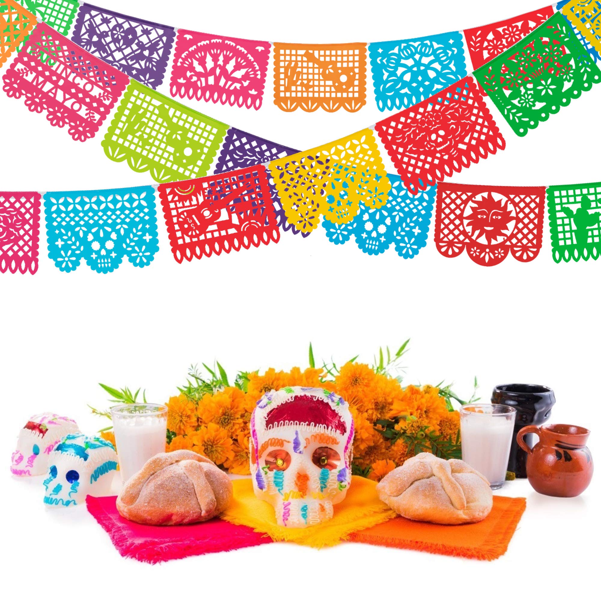 HOOJO 5 Packs 82 Ft Mexican Party Banners, Papel Picado Banner, Cinco de Mayo, Fiesta Party Decorations, Dia De Los Muertos Decor, Day of The Dead Decorations,Halloween