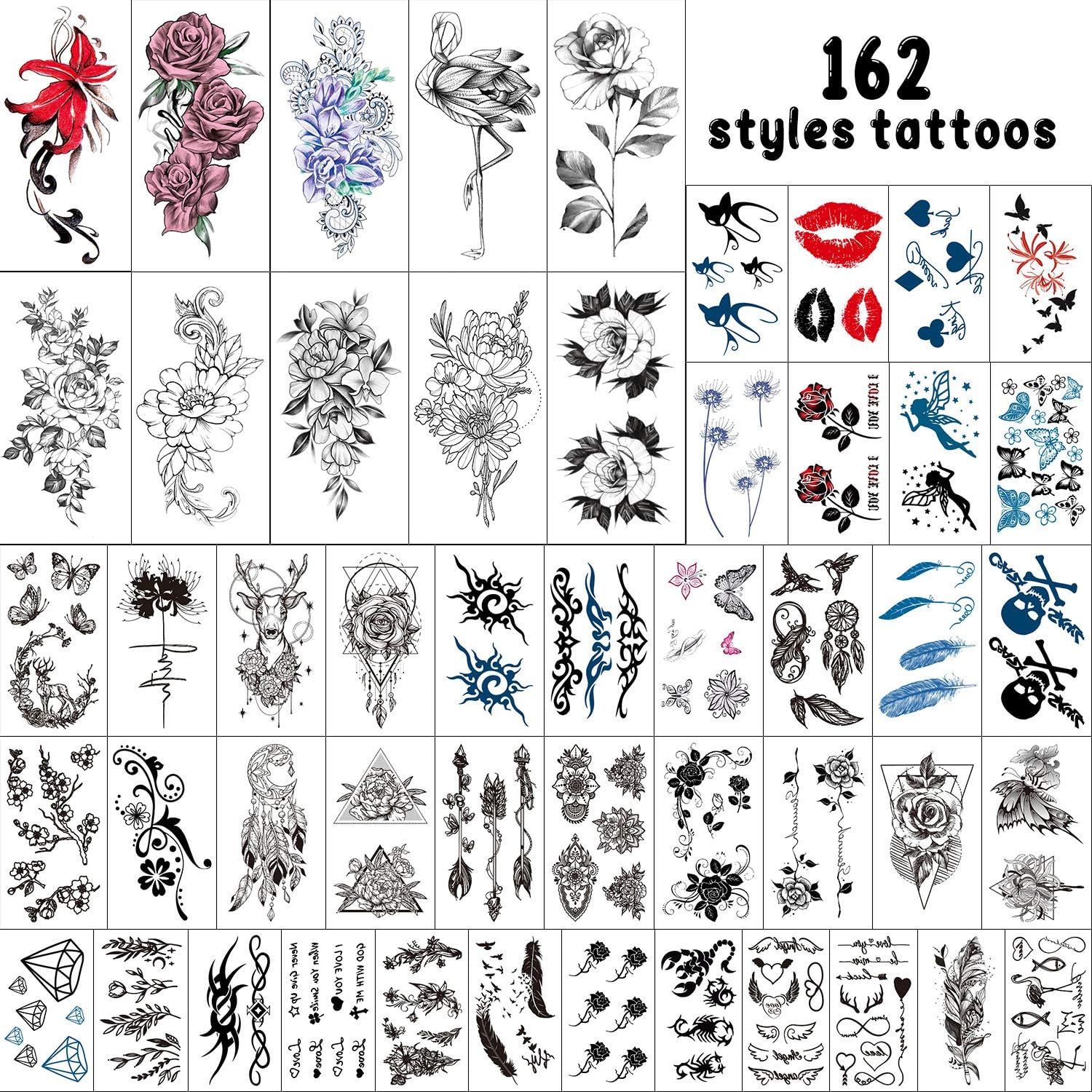 Cerlaza 162 Styles Temporary Tattoos for Women Adults Girls, Fake Sleeve Henna Sexy Tattoo Stickers, Leg Makeup Waterproof Realistic Long Lasting Semi Permanent Tattoos Kit-50 sheets