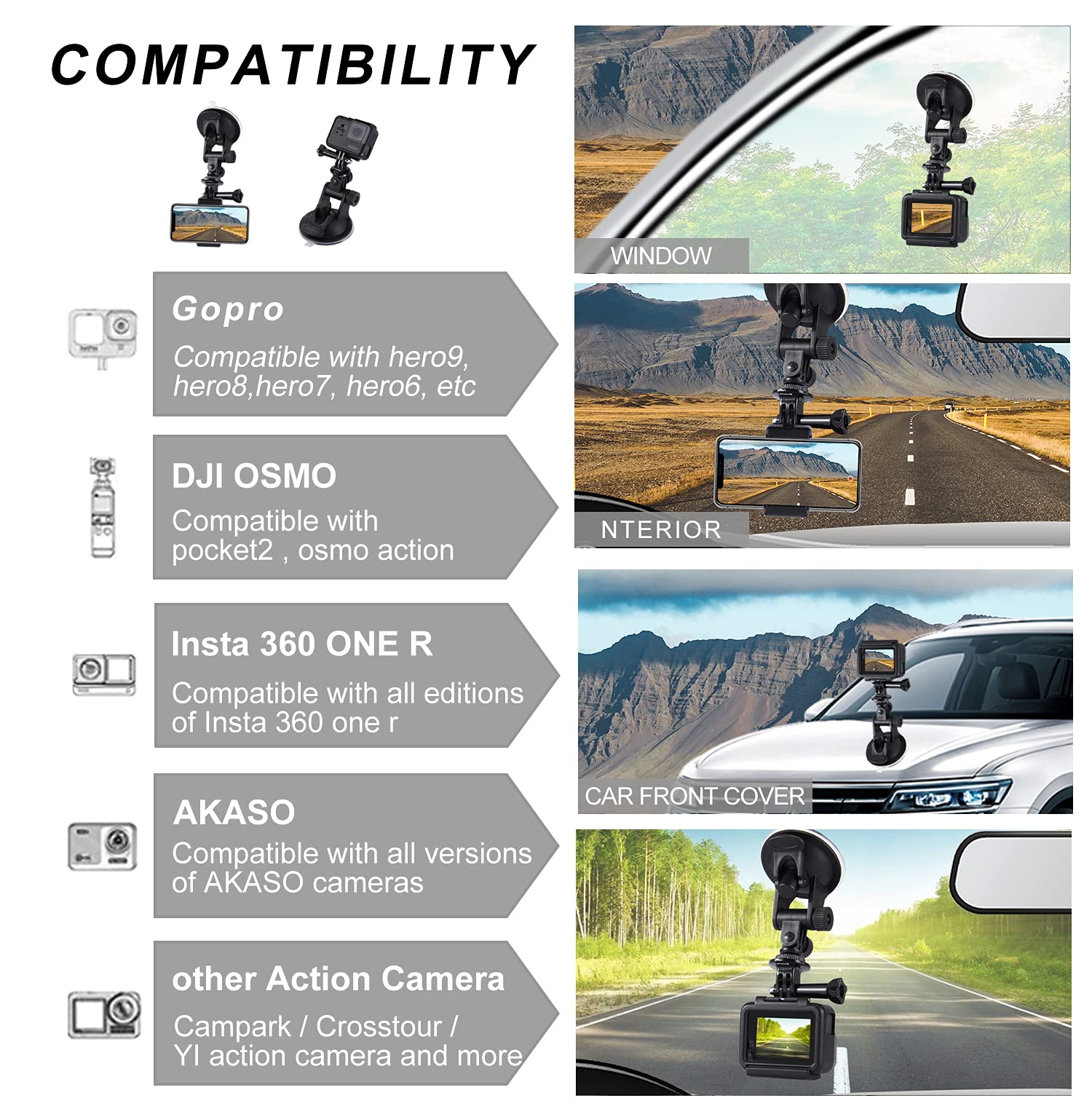 PULUZ Suction Cup Mount for Gopro Car Mount, Adjustable Vehicle Window & Windshield Mount Holder, Compatible with GoPro Hero 11 10 9 8 7 6/Insta360 X3 x2/DJI OSMO Action Camera Mount