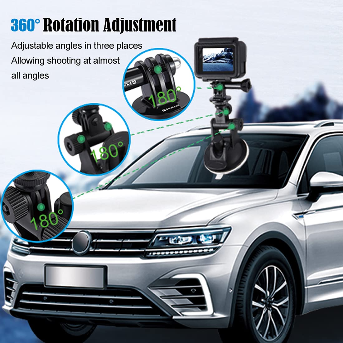 PULUZ Suction Cup Mount for Gopro Car Mount, Adjustable Vehicle Window & Windshield Mount Holder, Compatible with GoPro Hero 11 10 9 8 7 6/Insta360 X3 x2/DJI OSMO Action Camera Mount