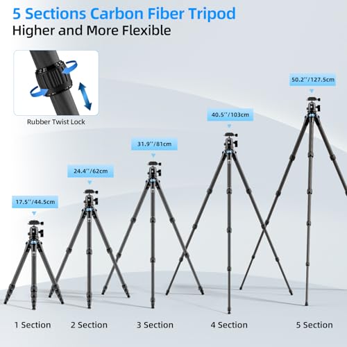 SIRUI 50″ Carbon Fiber Travel Tripod with 360° Ballhead B-00K, Lightweight Compact Professional Tripod for Cameras, 5 Sections, Quick Release Plate, Weight 2lbs, Loads 13.2lbs/6kg