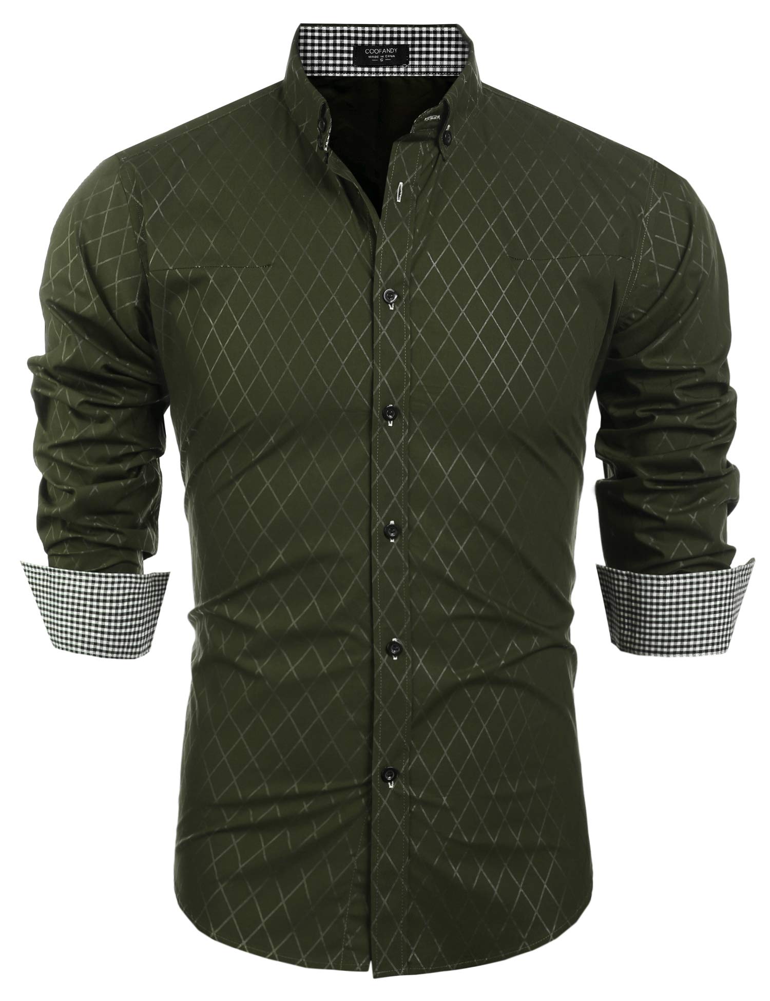 COOFANDY Mens Shirt Slim Fit Dress Business Plaid Button Down Collar, Army Green, Medium, Long Sleeve