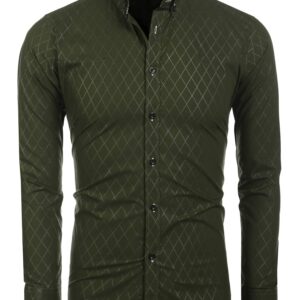 COOFANDY Mens Shirt Slim Fit Dress Business Plaid Button Down Collar, Army Green, Medium, Long Sleeve