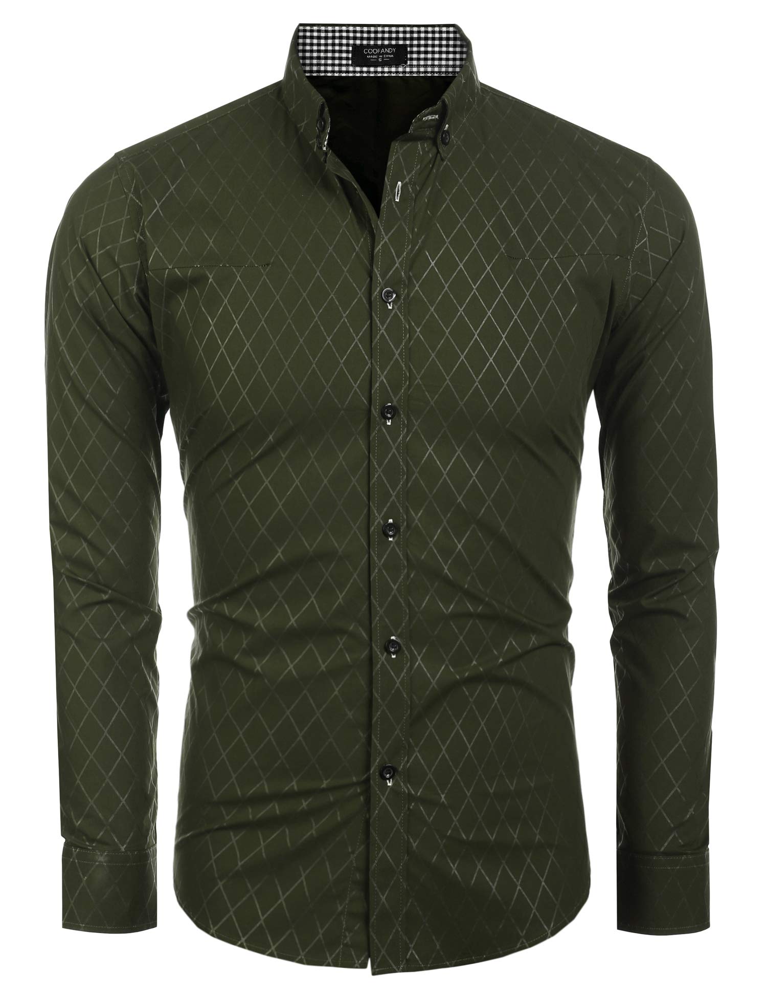 COOFANDY Mens Shirt Slim Fit Dress Business Plaid Button Down Collar, Army Green, Medium, Long Sleeve